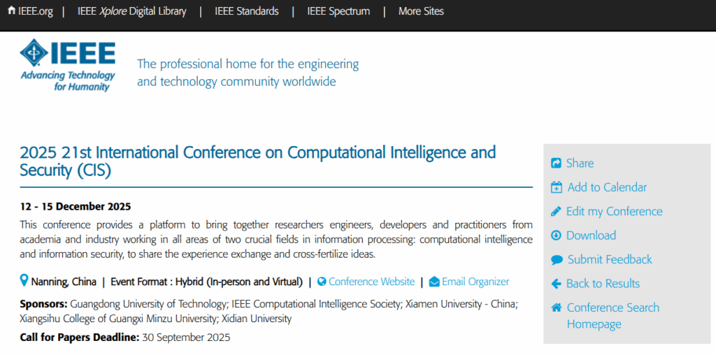 CIS'2025 – The 21th International Conference on Computational Intelligence and Security (CIS 2024)